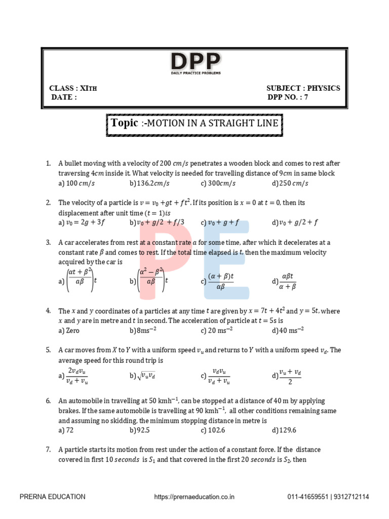 Physics Motion Problems for Class XI | PDF | Acceleration | Velocity