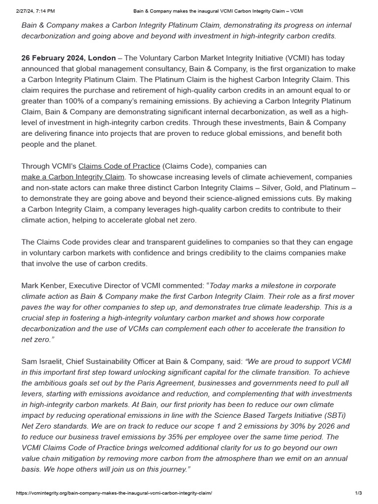 Bain & Company Achieves Carbon Integrity Platinum | PDF | Climate ...