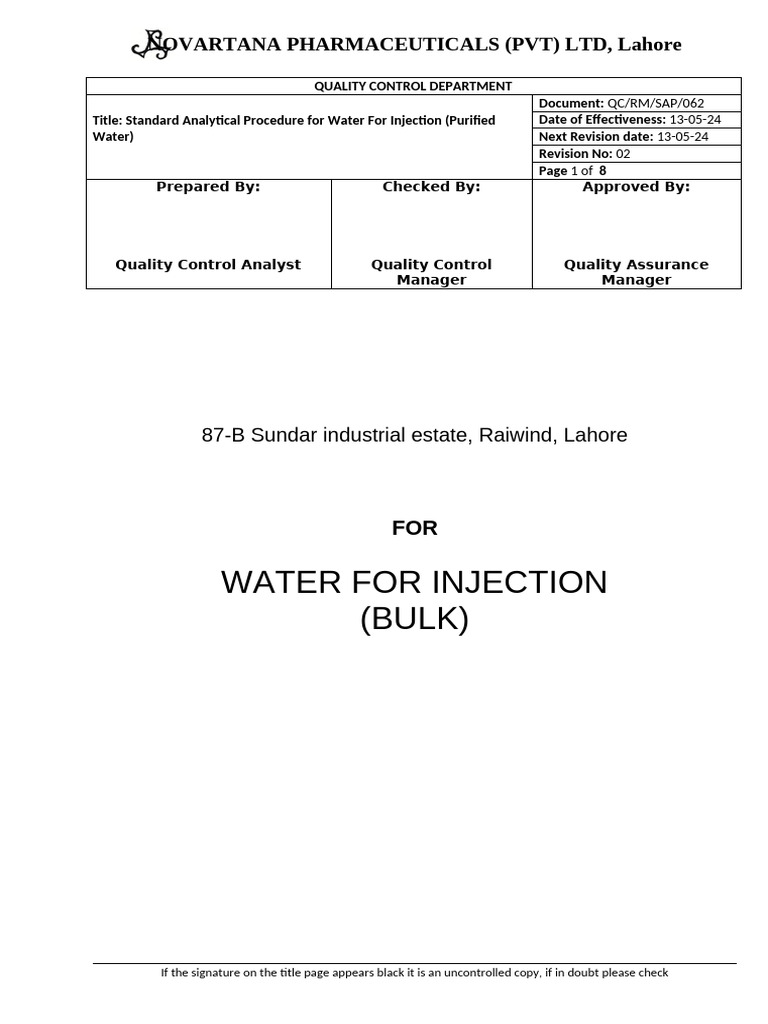 Sops For Water For Injection (In Bulk) | PDF | Hydrochloric Acid | Ph
