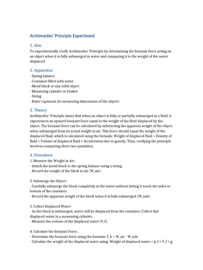 Archimedes Principle Experiment | PDF | Buoyancy | Weight