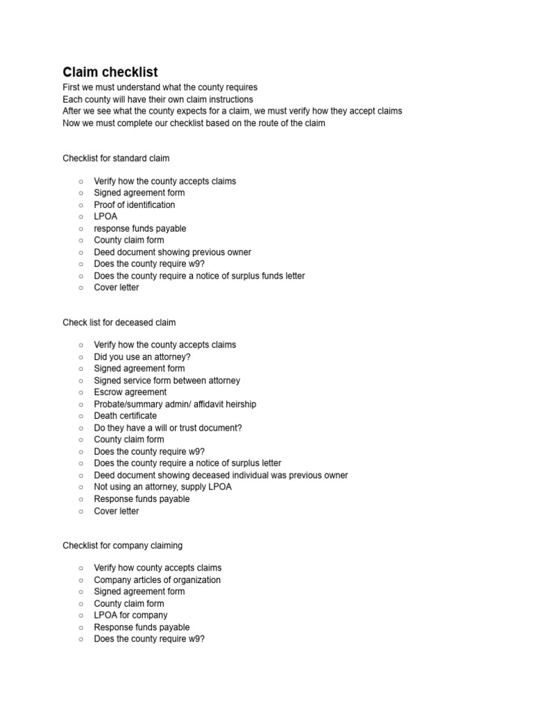 Comprehensive County Claim Checklist | PDF