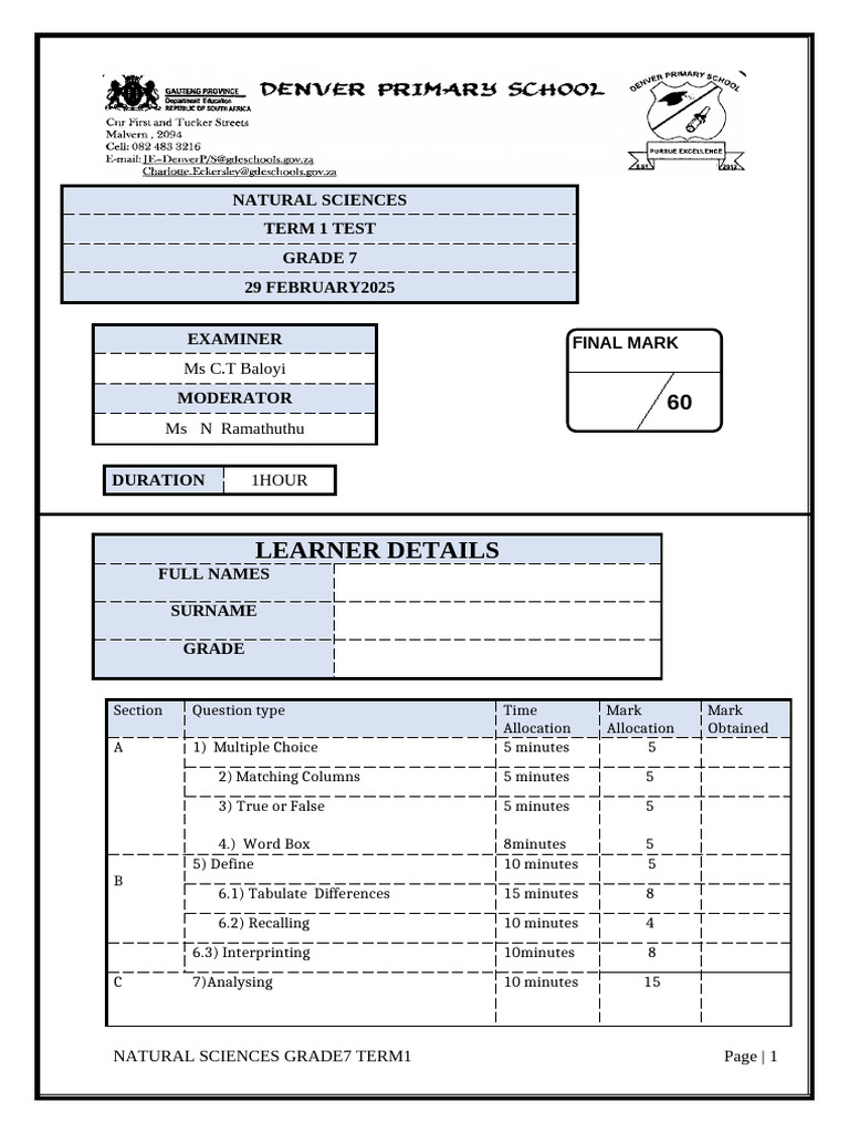 Grade 7 Natural Science Test Term 1 | PDF | Foods | Excretion