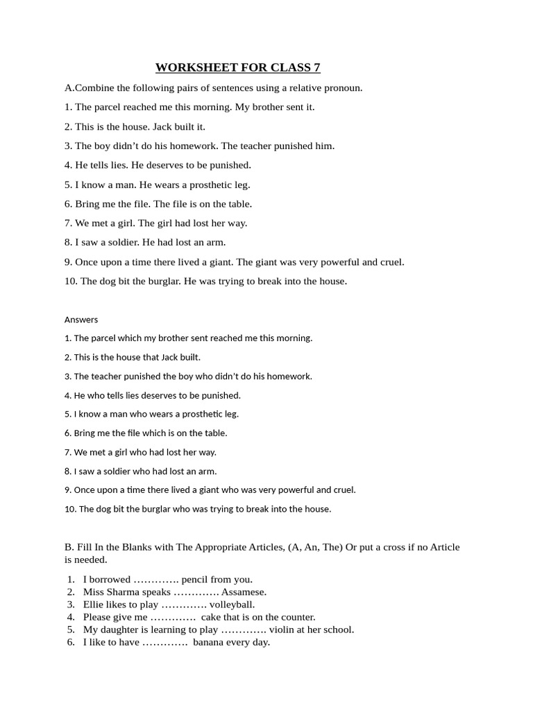 Worksheet For Class 7 2023 | PDF