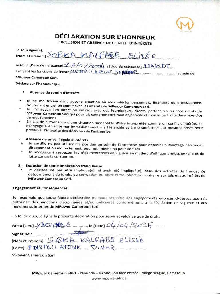 Déclaration Sur L'honneur 2025 | PDF