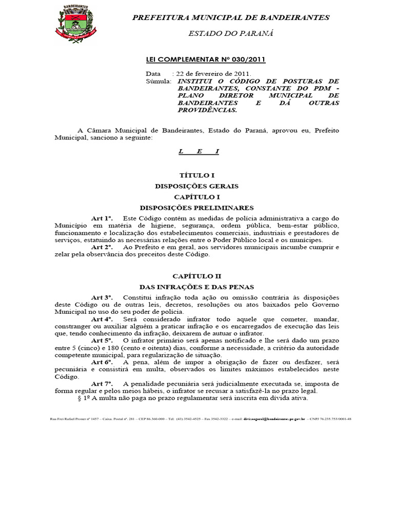 Lei Complementar Nº 30 - CODIGO DE POSTURAS | PDF | Desperdício | Piscina
