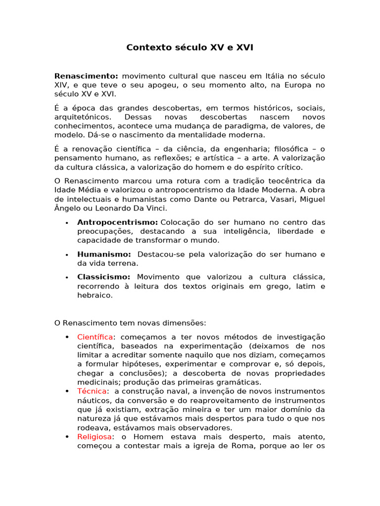 Renascimento -Contexto Económico, Social e Cultural Séc. XV e XVI | PDF ...