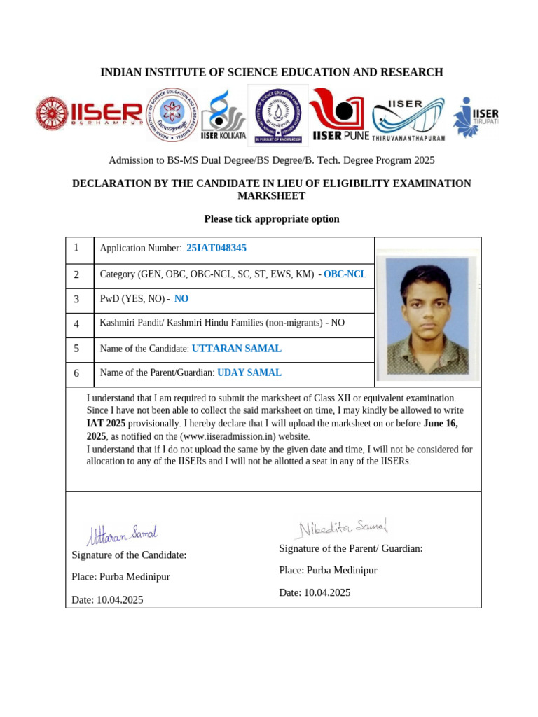 Form DECLARATION BY THE CANDIDATE IN LIEU OF ELIGIBILITY EXAMINATION CERTIFICATE | PDF