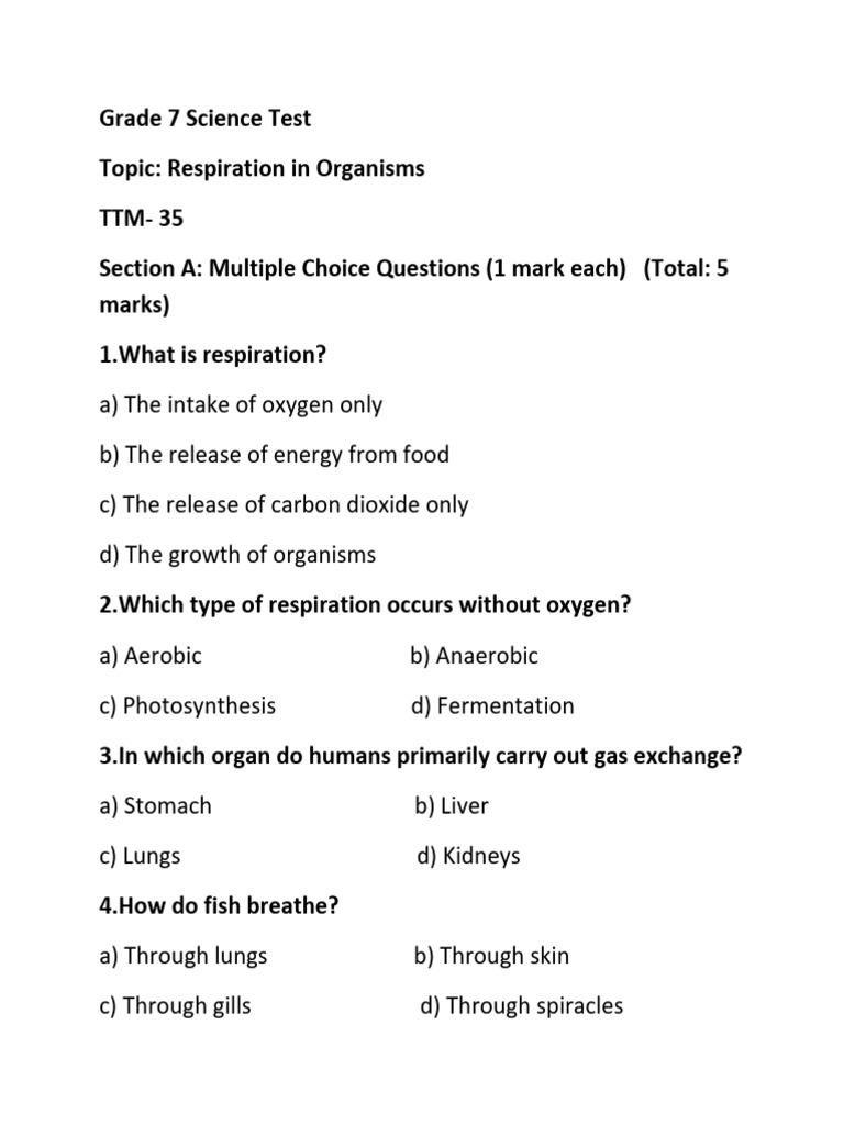 Grade 7 Science Test Respiration | PDF