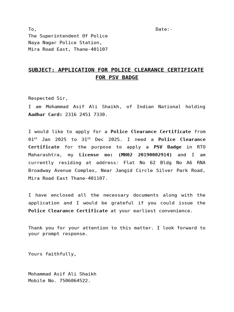 Police Clearence Certificate Letter - PSV Badge - Asif Ali Shaikh | PDF