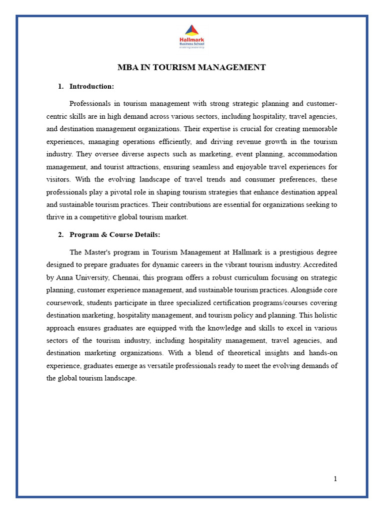 MBA in Tourism Management Overview | PDF | Tourism | Curriculum