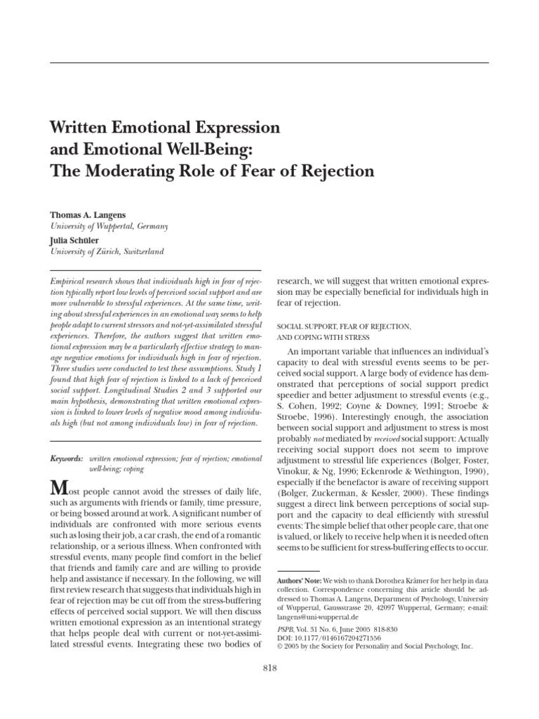 Emotional Expression and Rejection Fear | PDF | Social Support | Fear