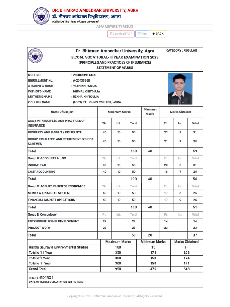 Result - Dr. Bhimrao Ambedkar University, Agra | PDF | Financial Services | Economies