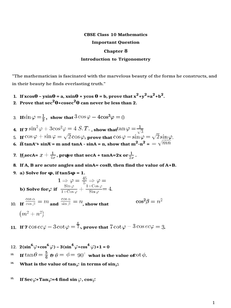 Trigonometry Class 10 Marks Wise Questions | PDF | Trigonometry ...