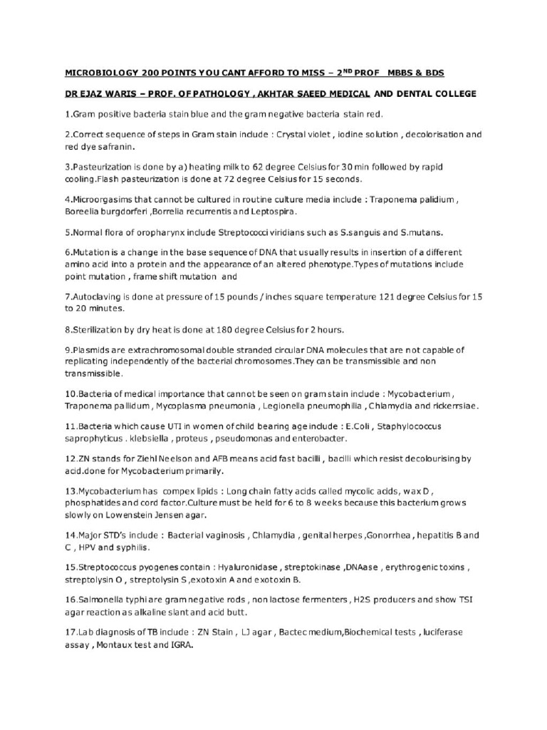 200 Points in Microbiology by DR Ejaz Waris 1 | PDF