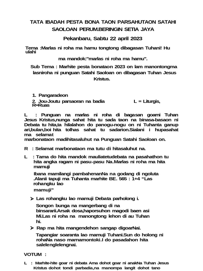 Tata Ibadah Pesta Bona Taon Parsahutaon Satahi Saoloan Perum Compress | PDF