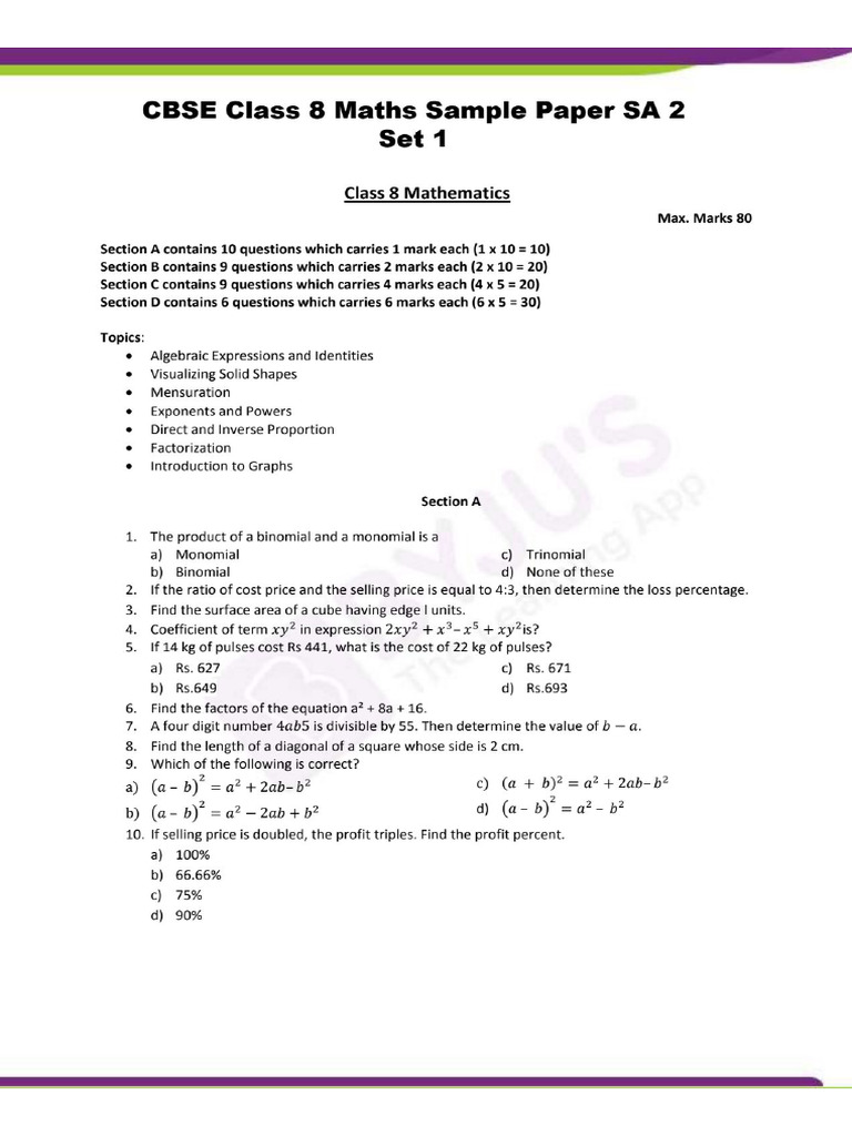 CBSE-Class-8-Maths-Sample-Paper-SA-2-Set-1 | PDF