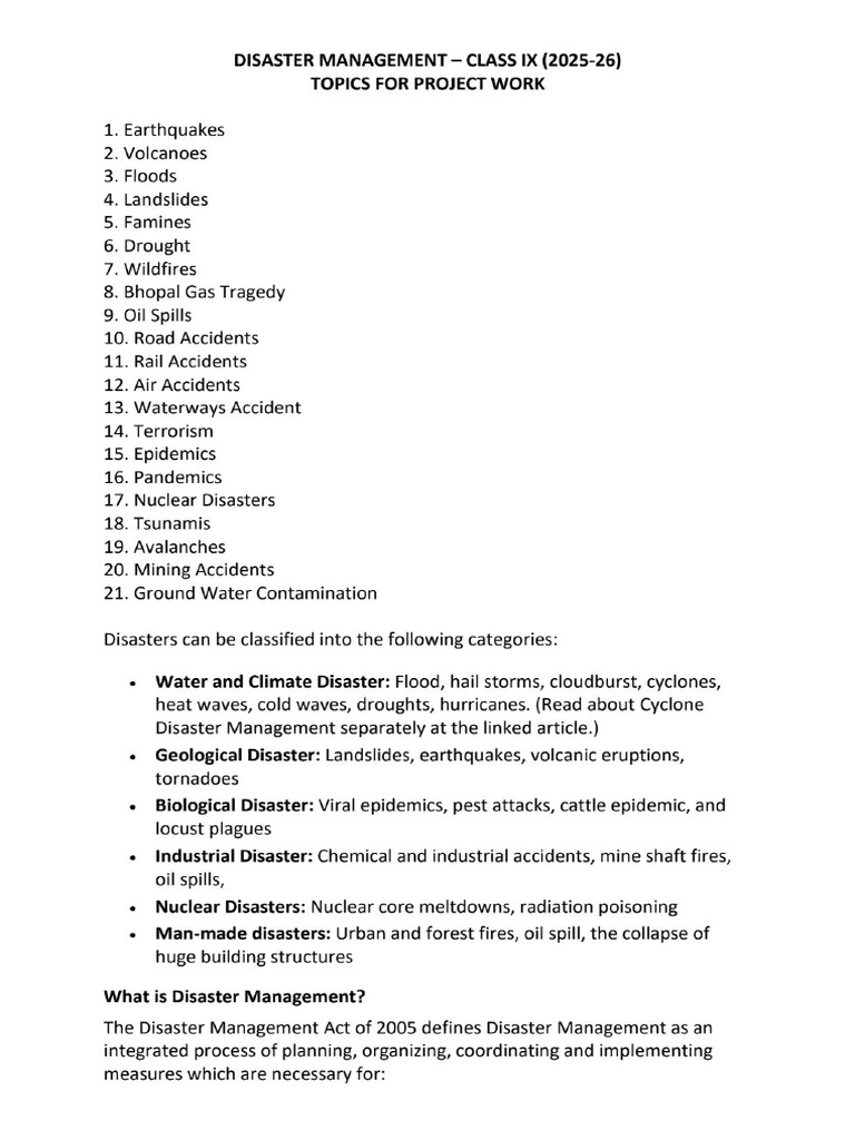 Disaster Management Topics 2025-26 | PDF