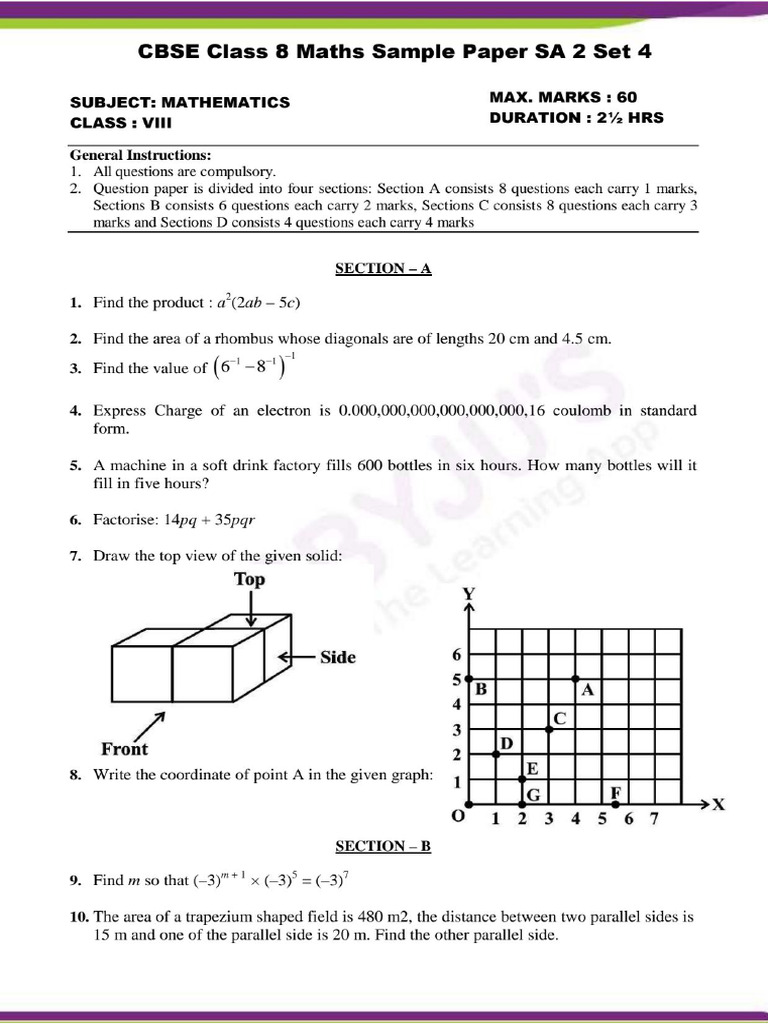 CBSE Class 8 Maths Sample Paper SA 2 Set 4 | PDF