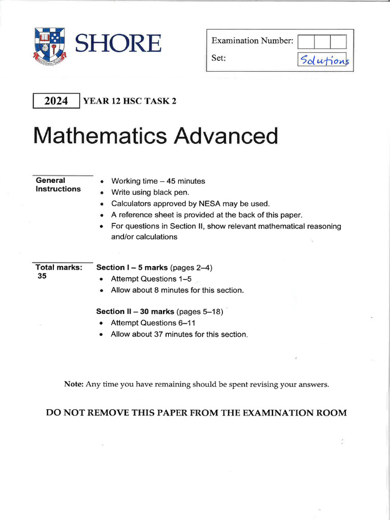 2024 - Year 12 - HSC Task 2 - Corrected Advanced Solutions | PDF | Geometric Objects