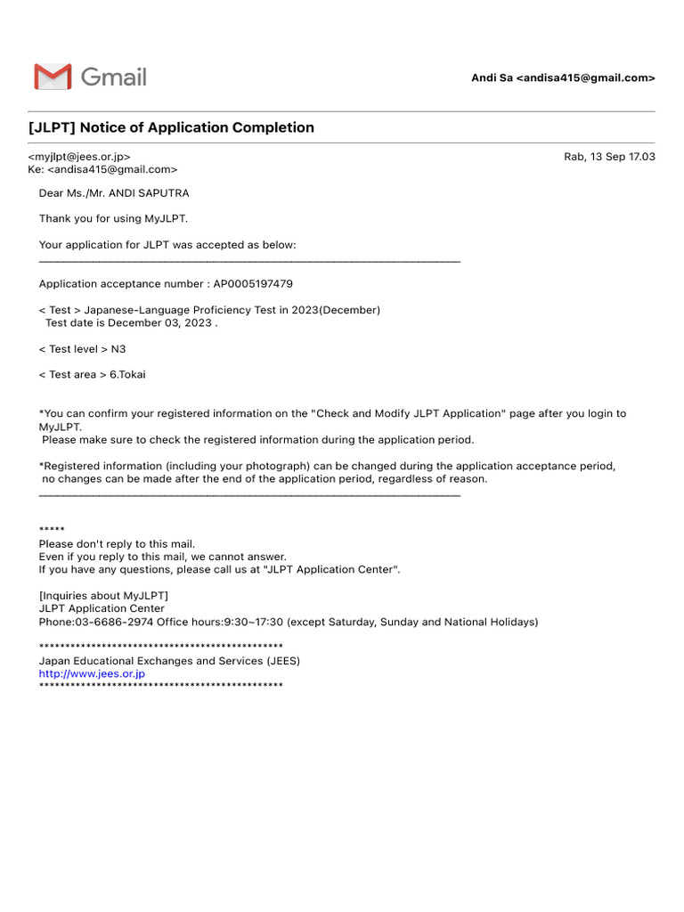(JLPT) Notice of Application Completion | PDF