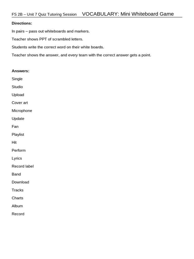 Vocabulary Quiz Game for FS 2B Unit 7 | PDF