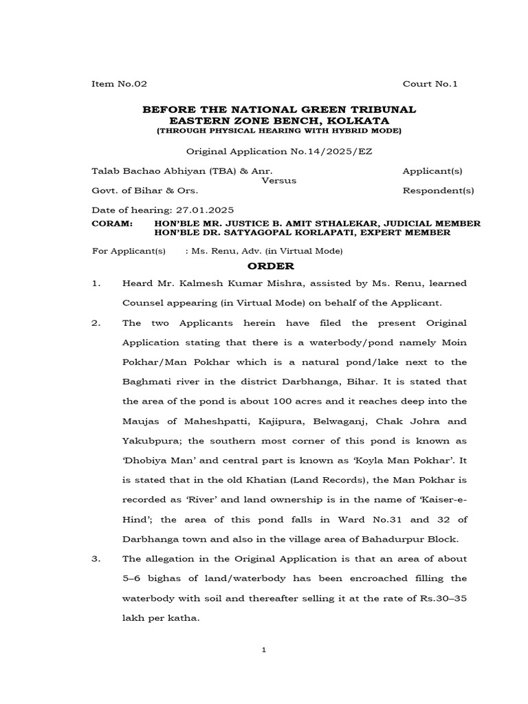 TBA Darbhanga Original Application No.14 - 2025 - EZ Order Dated 27 ...