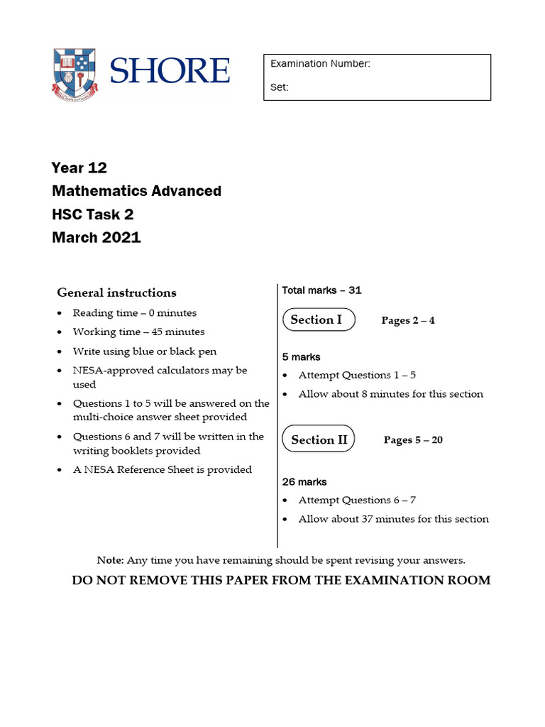 2021 - Year 12 - HSC Task 2 - Advanced | PDF | Mathematics