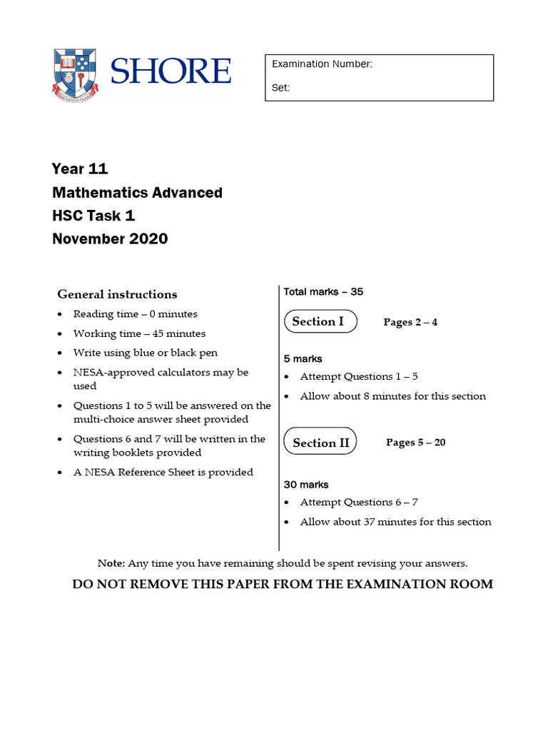 2020 - Year 11 - HSC Task 1 - Advanced | PDF | Multiple Choice ...