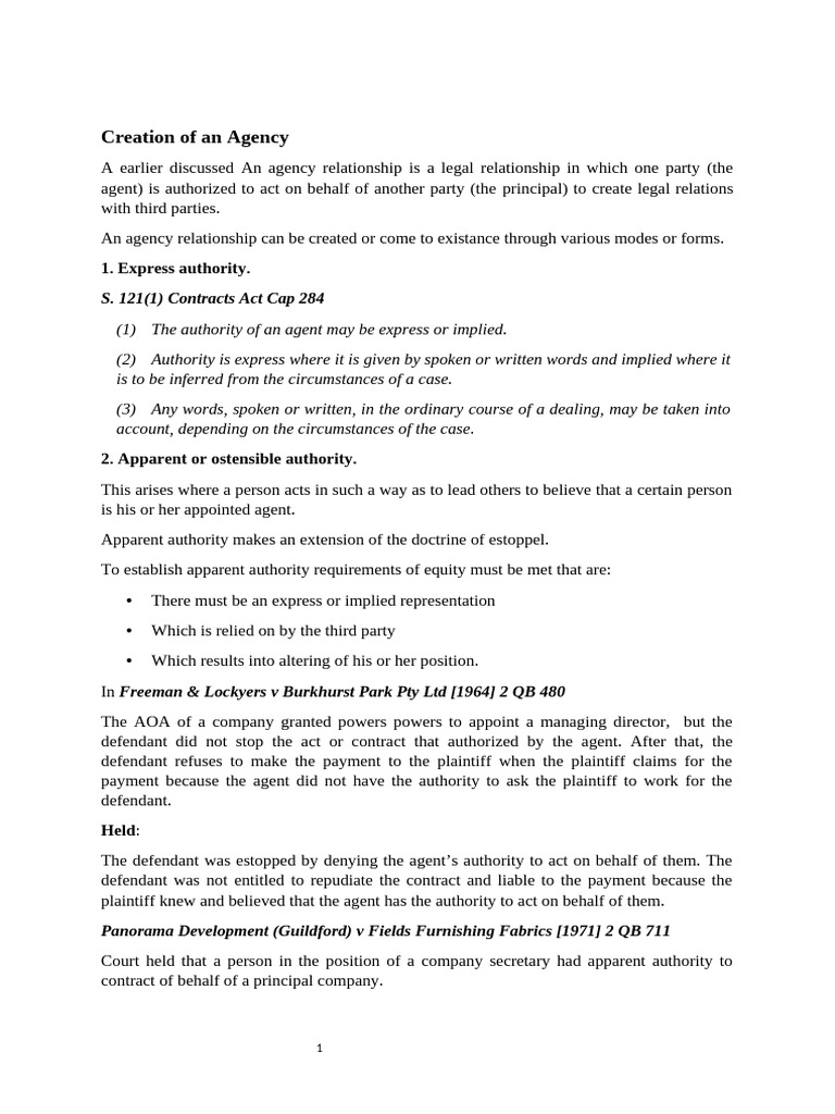 Creation of An Agency 2025 | PDF | Law Of Agency | Estoppel