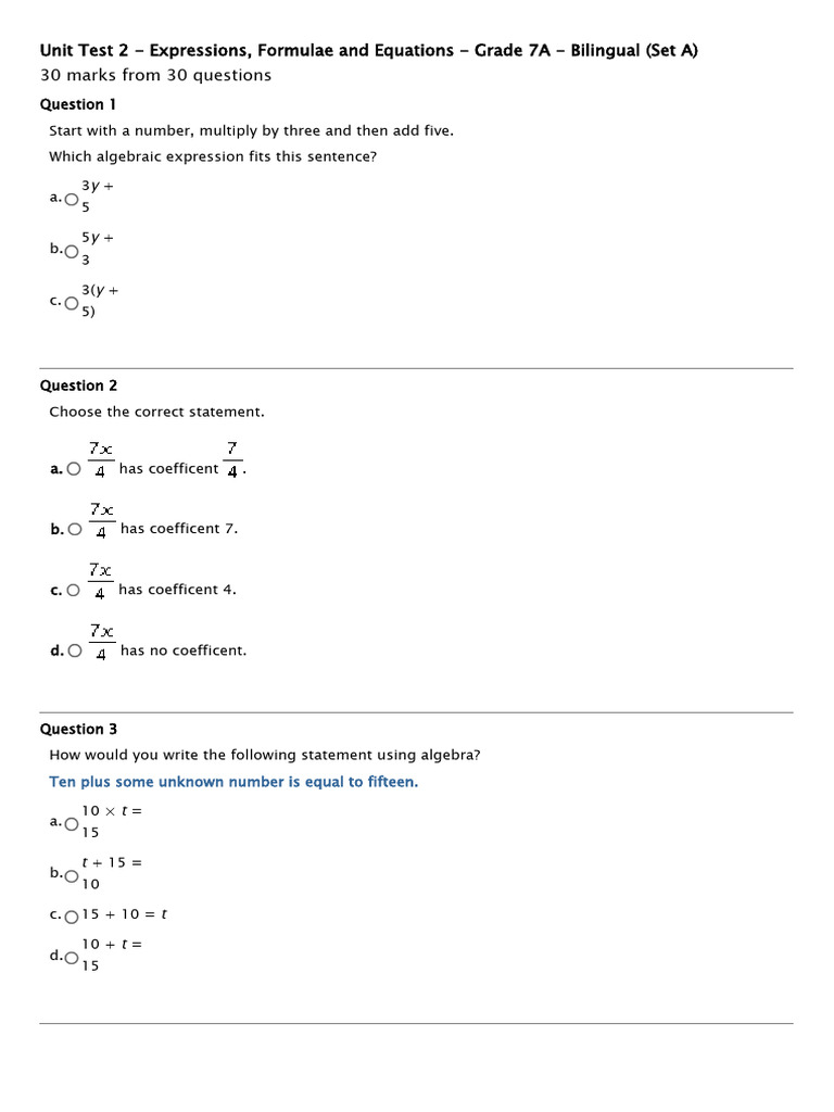 Grade 7 Expressions and Equations Test | PDF | Mathematical Analysis ...