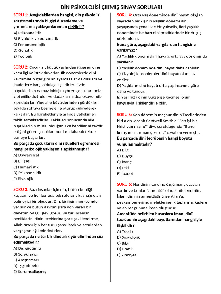 Din Psikolojisi Cikmis Sinav Sorulari | PDF
