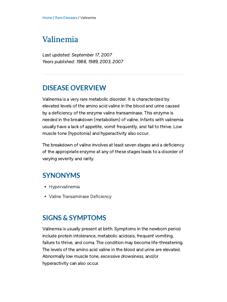 Valinemia - Symptoms, Causes, Treatment _ NORD | PDF | Diseases And ...