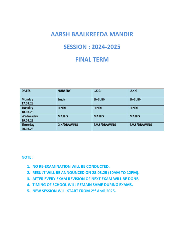 AARSH BAALKREEDA MANDIR Exam Schedule 2025 | PDF
