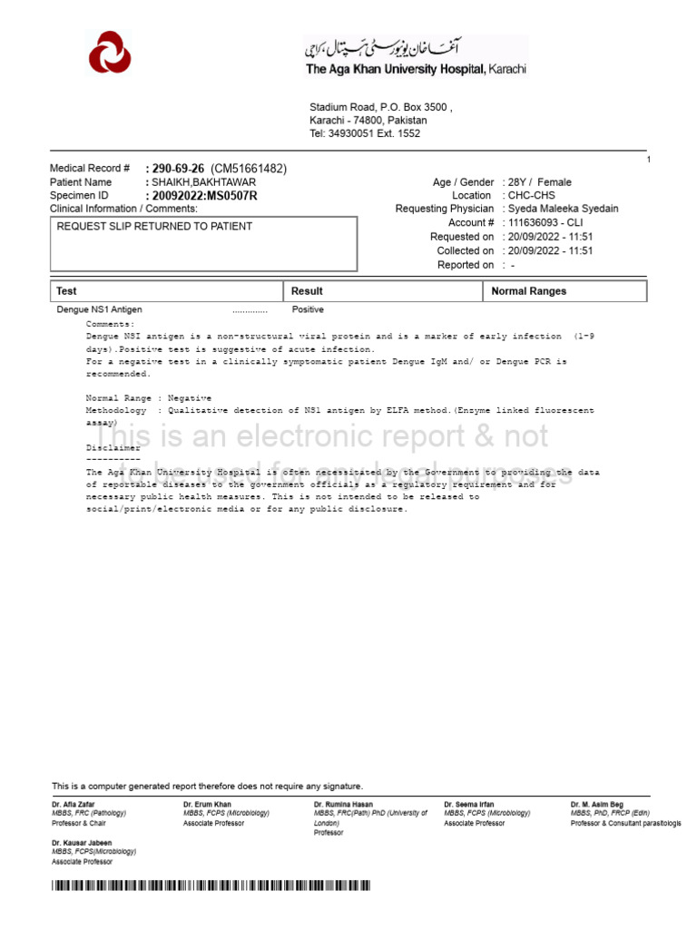 Positive Dengue NS1 Test Report | PDF | Human Diseases And Disorders ...