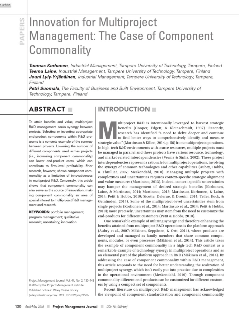 Korhonen Et Al 2016 Innovation For Multiproject Management The Case of ...