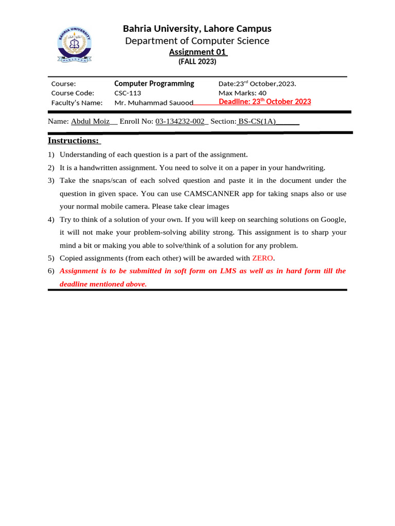 03 134232 002 Abdul Moiz Computer Programming Assignment 1 Pdf Computer Programming