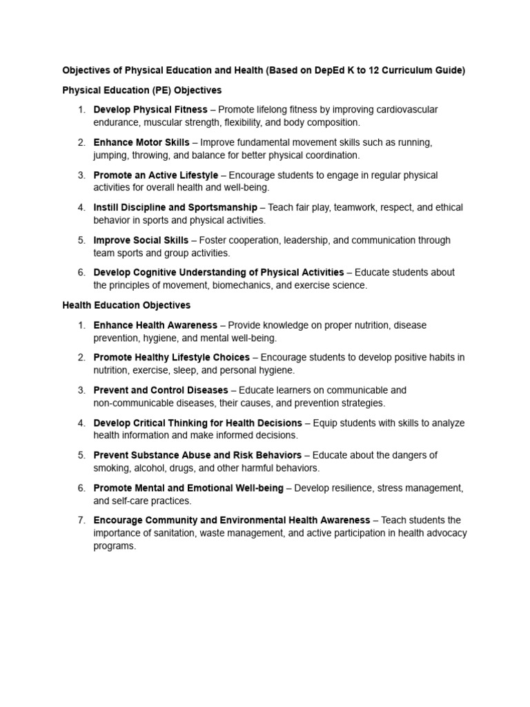 Health and PE Objectives Overview | PDF