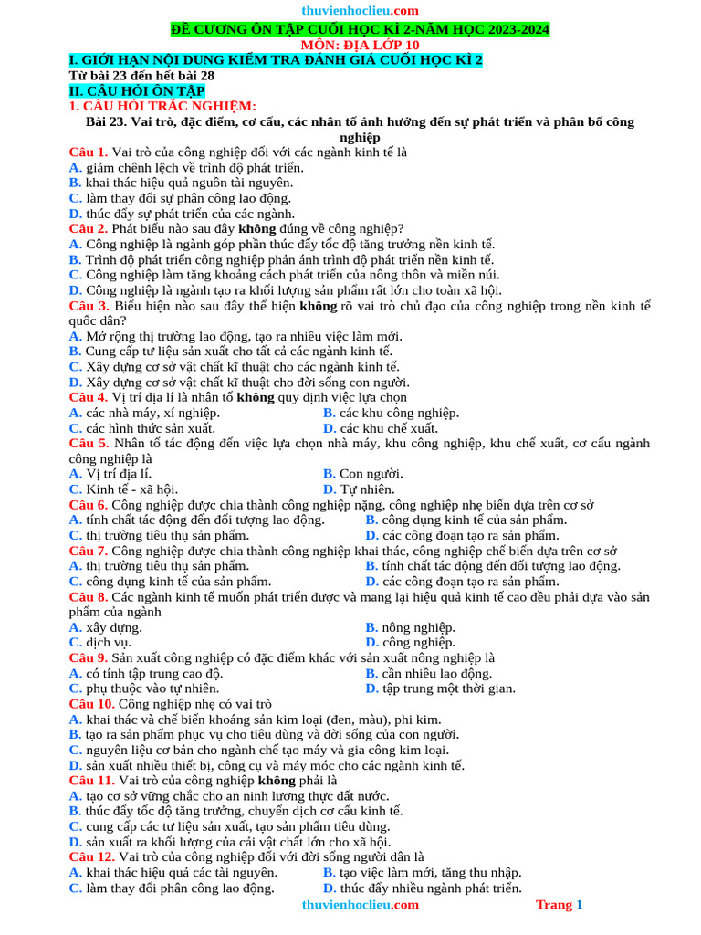 De Cuong On Tap HK2 Dia 10 Canh Dieu | PDF