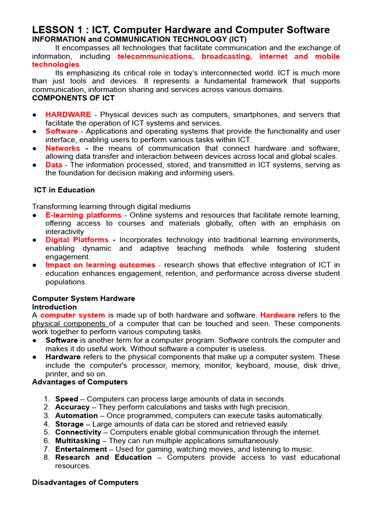 Lesson 1 - ICT-Hardware - Software.docx(1) | PDF | Computer Data ...