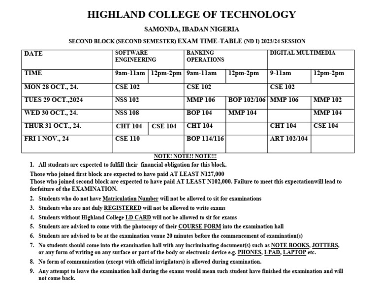 Nd1 Exam Timetable | PDF