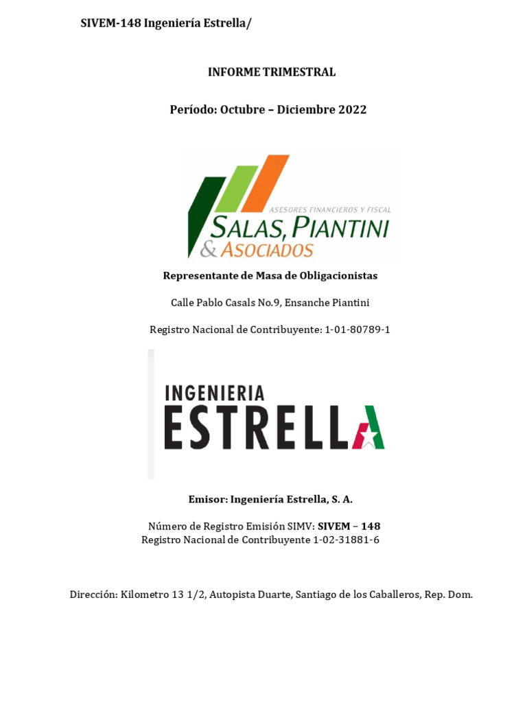 Informe Ingenieria Estrella SIVEM 148 Dic. 22 | PDF | Bolsa de Valores ...