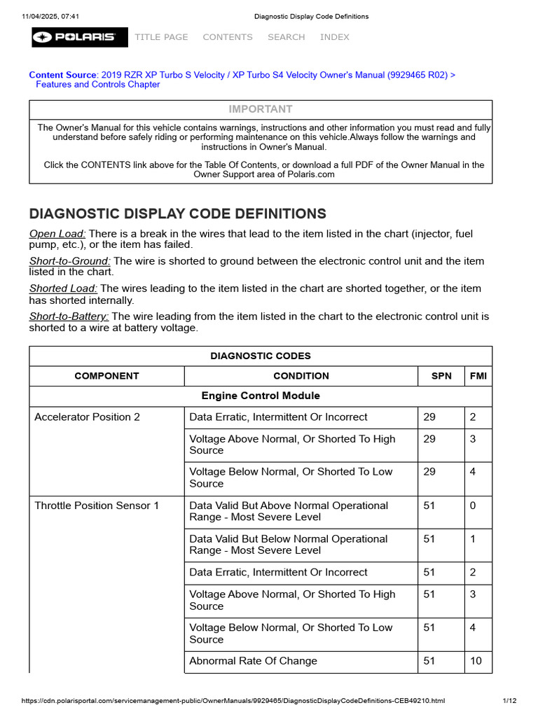 Polaris RZR Diagnostic Codes Guide | PDF | Throttle | Vehicle Technology
