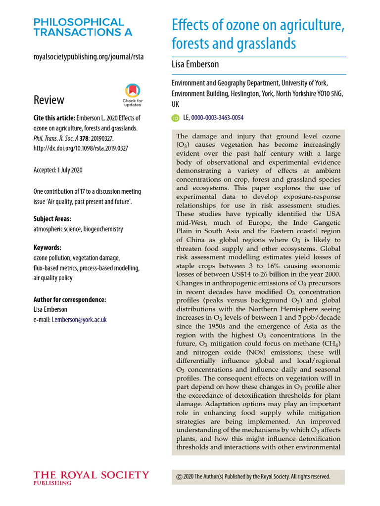 Emberson 2020 Effects of Ozone On Agriculture Forests and Grasslands ...