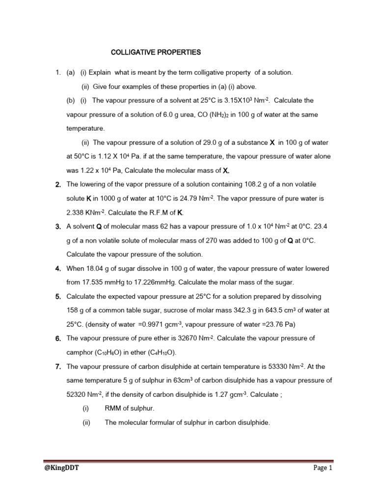 Colligative Properties Questions | PDF | Water | Chemical Compounds