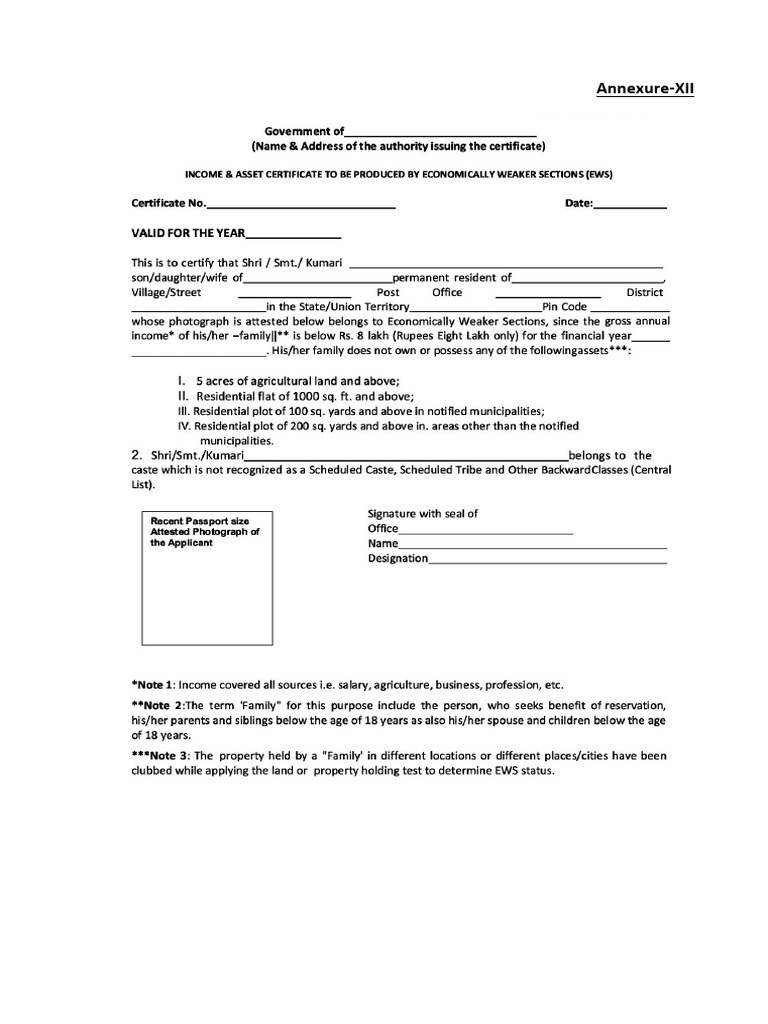 EWS Income Asset Certificate | PDF