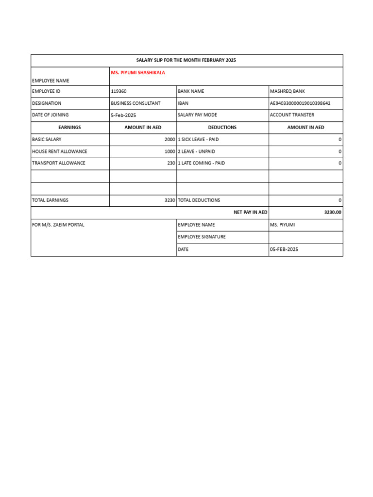 February 2025 Salary Slip for Piyumi | PDF