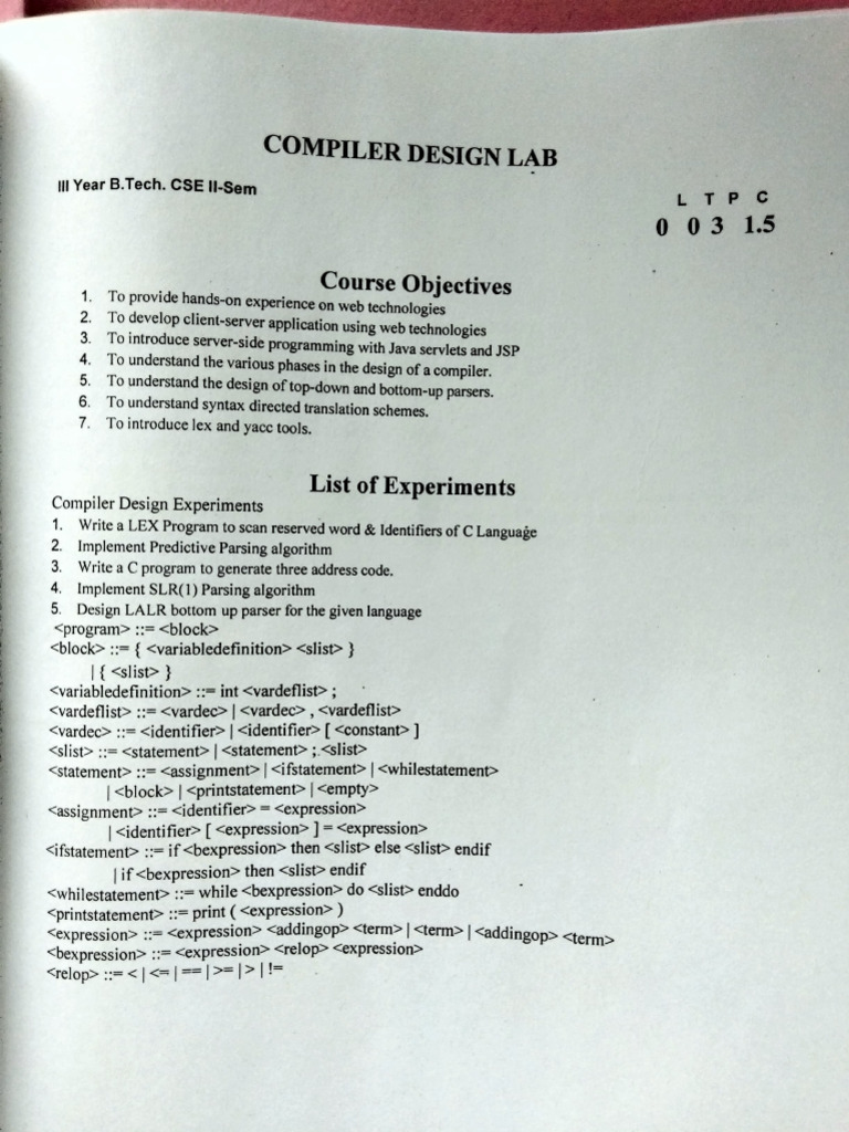 Compile Design Lab Manual | PDF