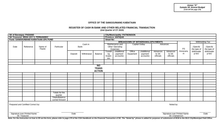 3.6 SK MC - ANNEX D - Sample Register of Cash in Bank (RCB) and Other ...