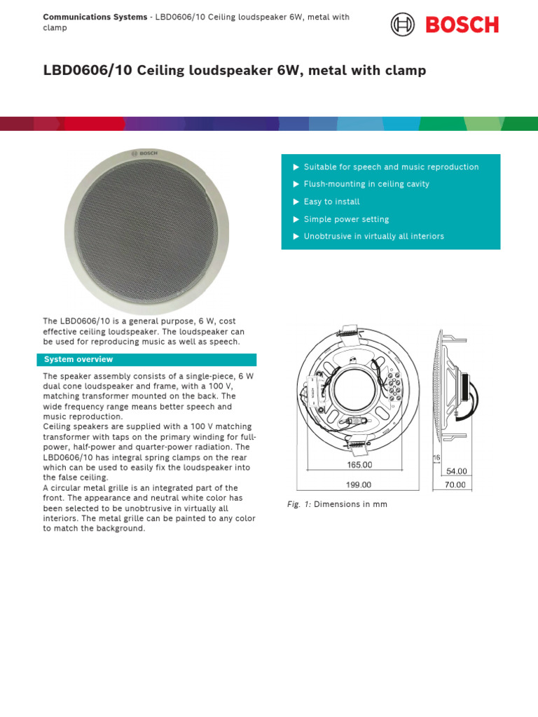 Bosch LBD0606/10 Ceiling Speaker Datasheet | PDF | Loudspeaker | Decibel