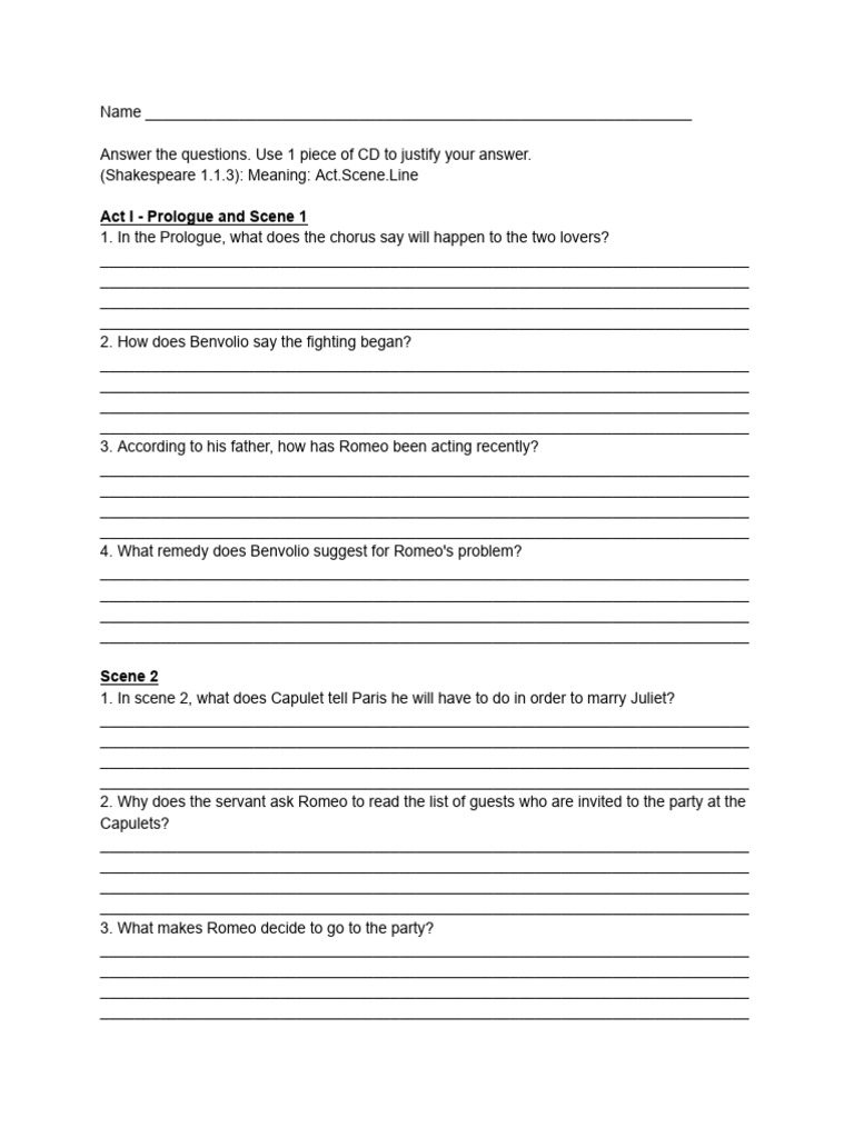 Act 1 Comprehension Questions Romeo and Juliet | PDF | Characters In ...